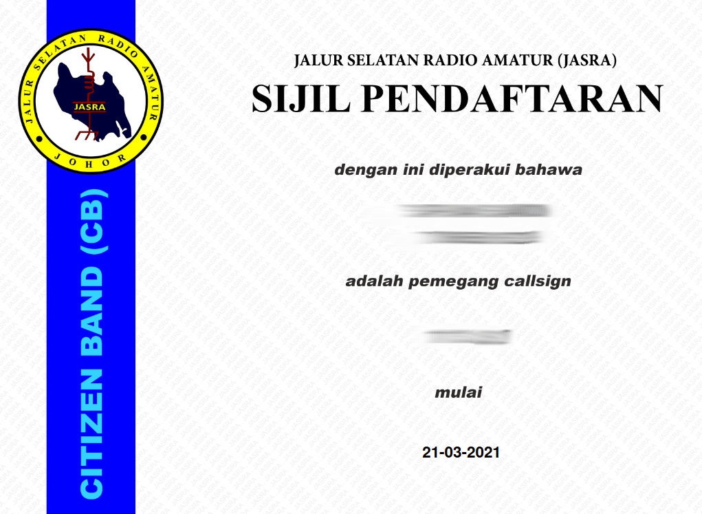 Pendaftaran Callsign Citizen Band – Persatuan Jalur Selatan Radio Amatur Malaysia